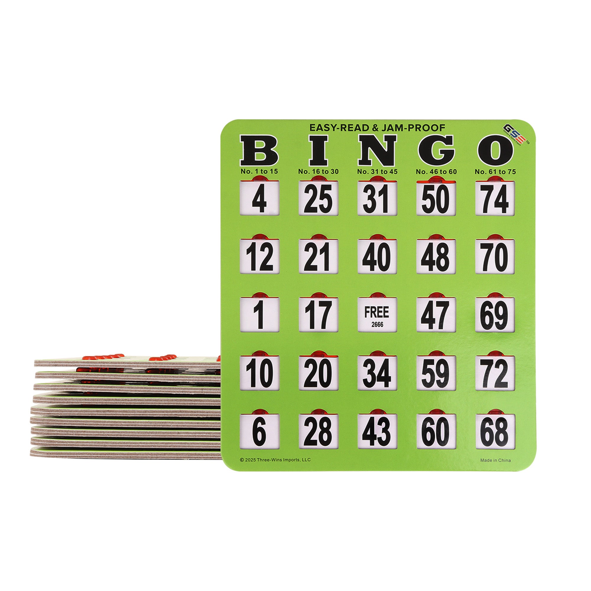 Green Jumbo Easy-Read Large Print Shutter Bingo Cards with Sliding Win